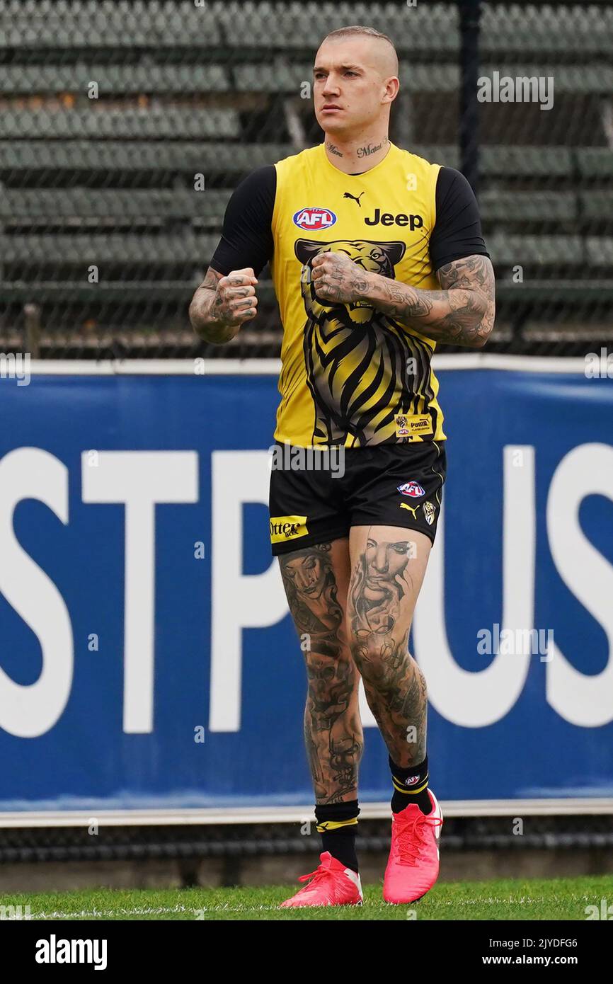 Dustin Martin of the Tigers shadow boxes during a Richmond Tigers AFL ...