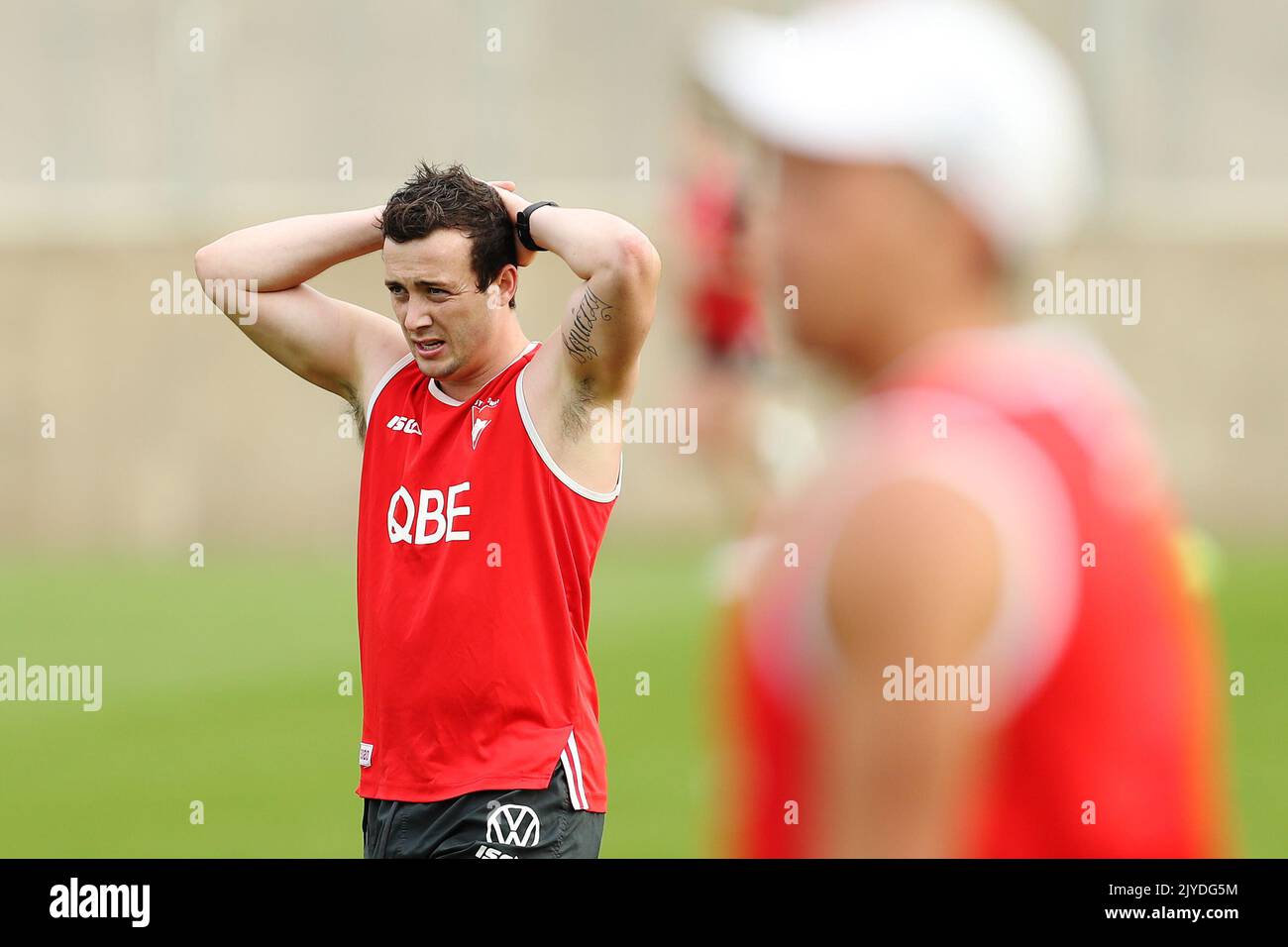 Lewis Taylor of the Swans reacts during an AFL Swans training session ...