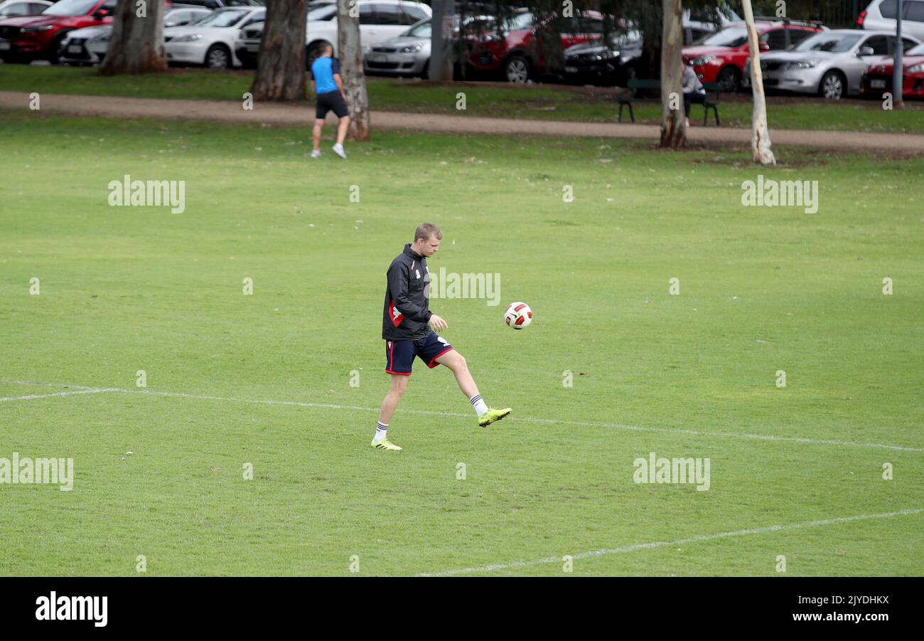 Jordan Elsey of Adelaide United trains by himself at University Oval in ...