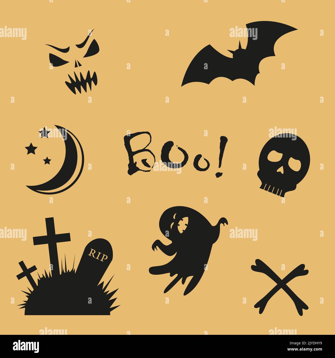 skull scary face grave bones bat crescent moon ghost and inscription Boo Stock Vector Image ...