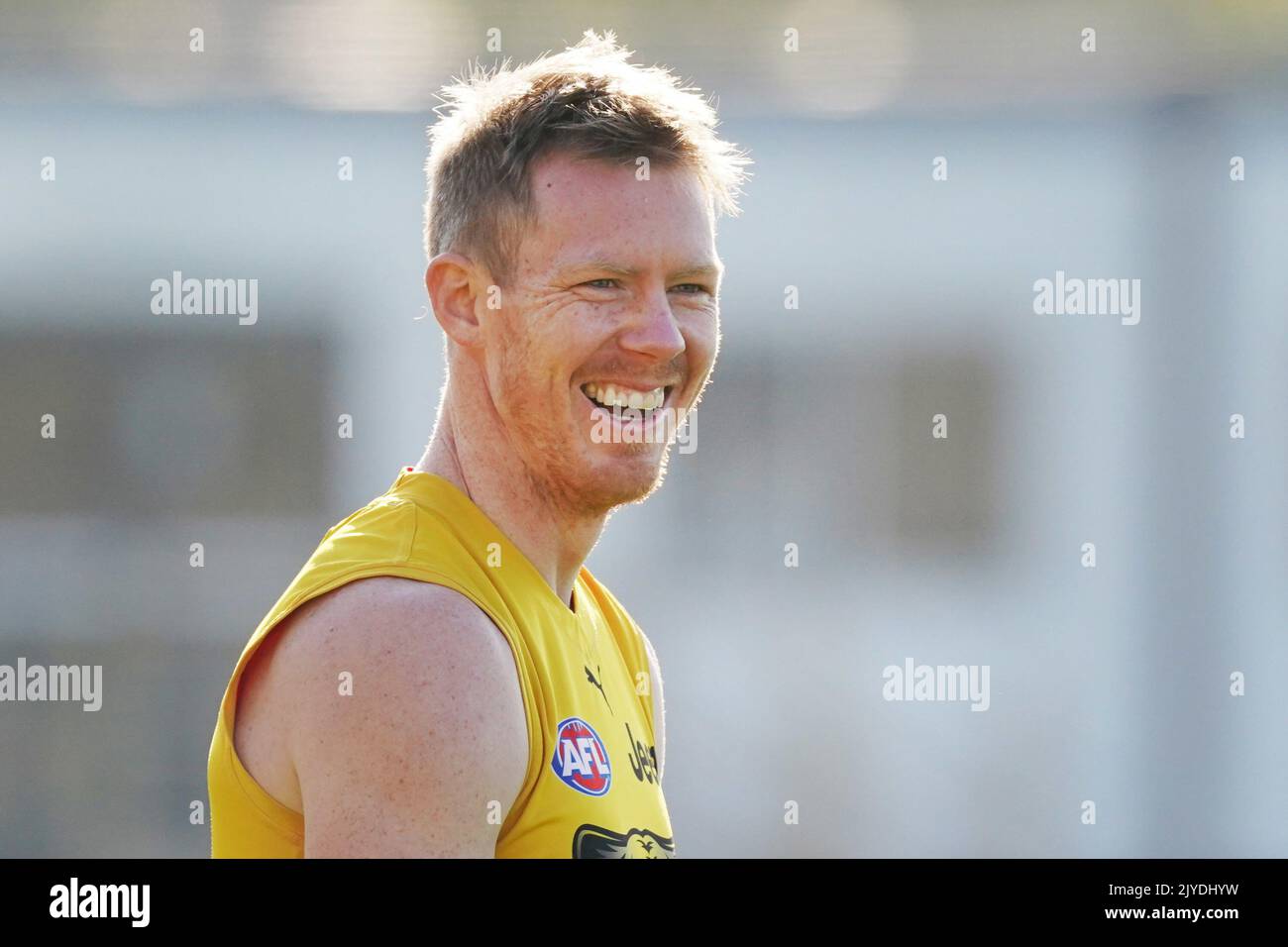 Jack Riewoldt of the Tigers reacts during an AFL Tigers training ...