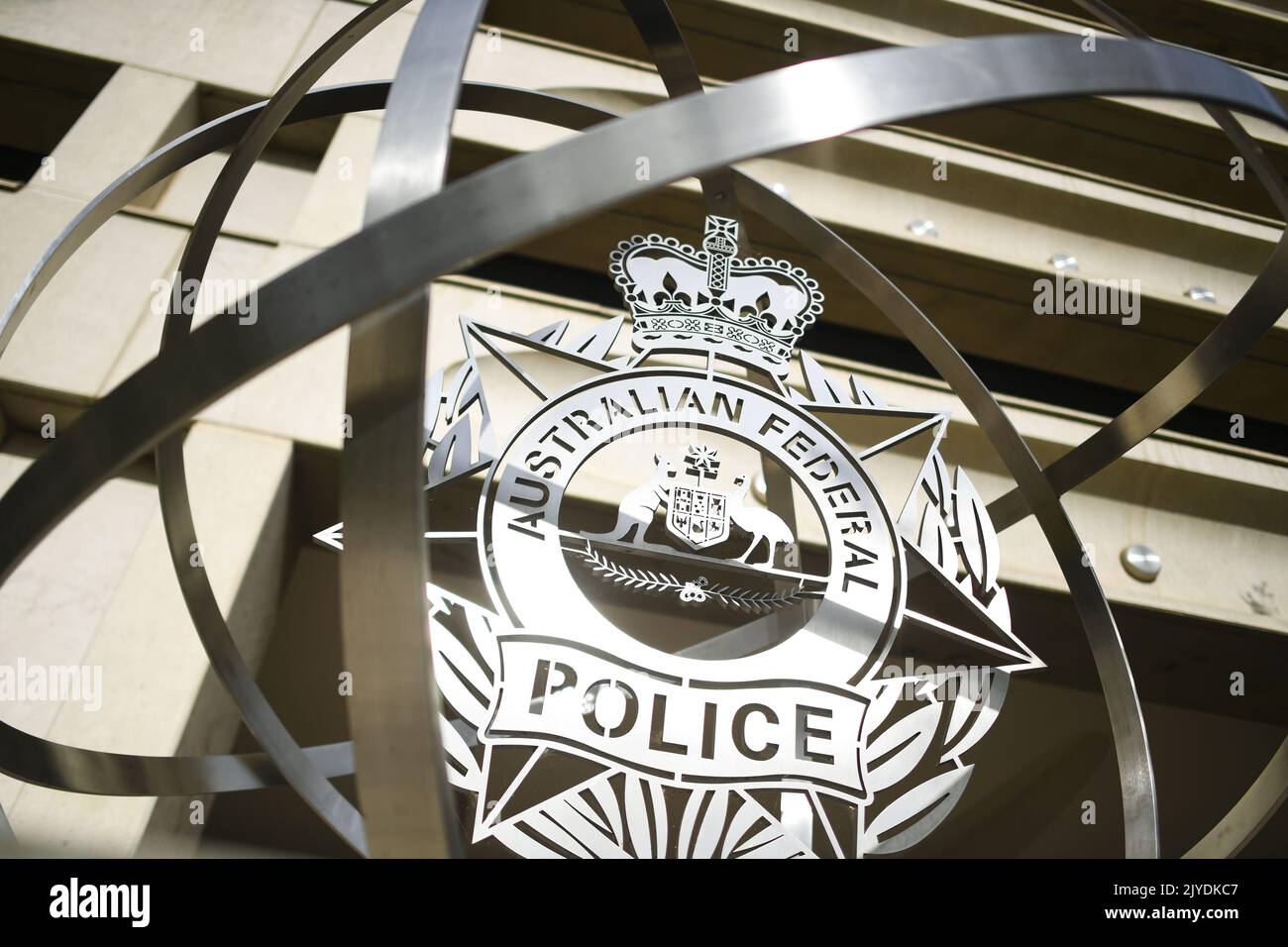 General view of the AFP emblem outside the AFP Headquarters in Canberra ...