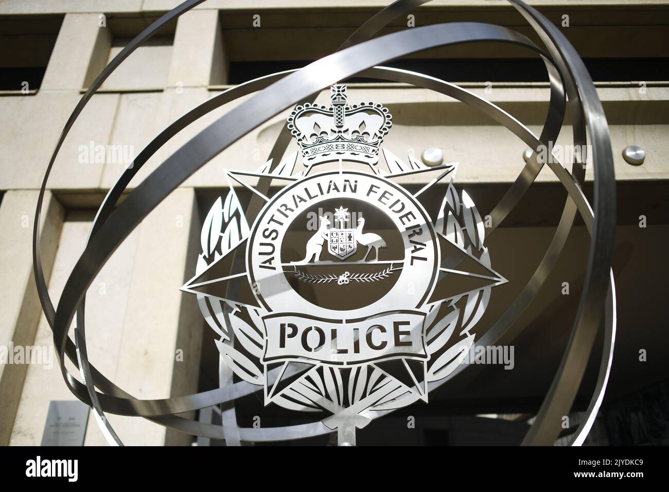 General view of the AFP emblem outside the AFP Headquarters in Canberra ...