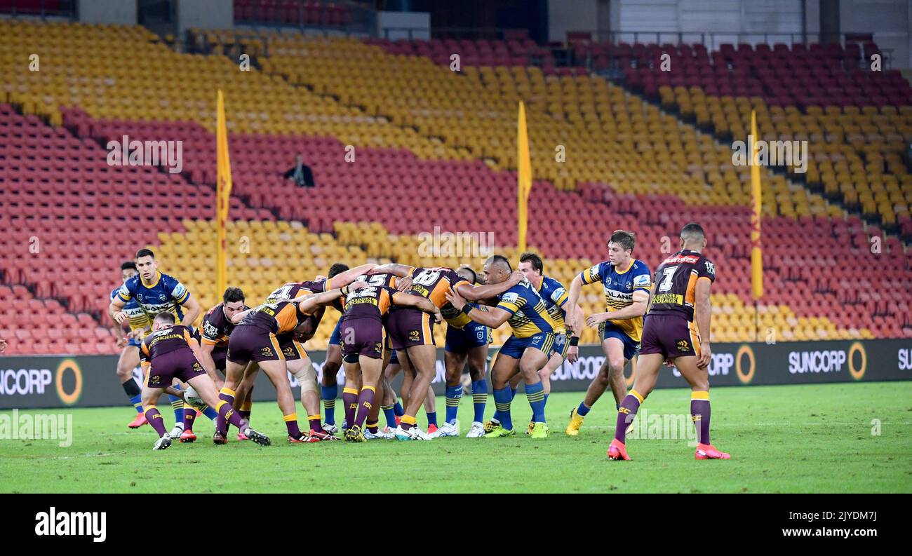 Play is seen in front of empty grandstands during the Round 3 NRL match ...