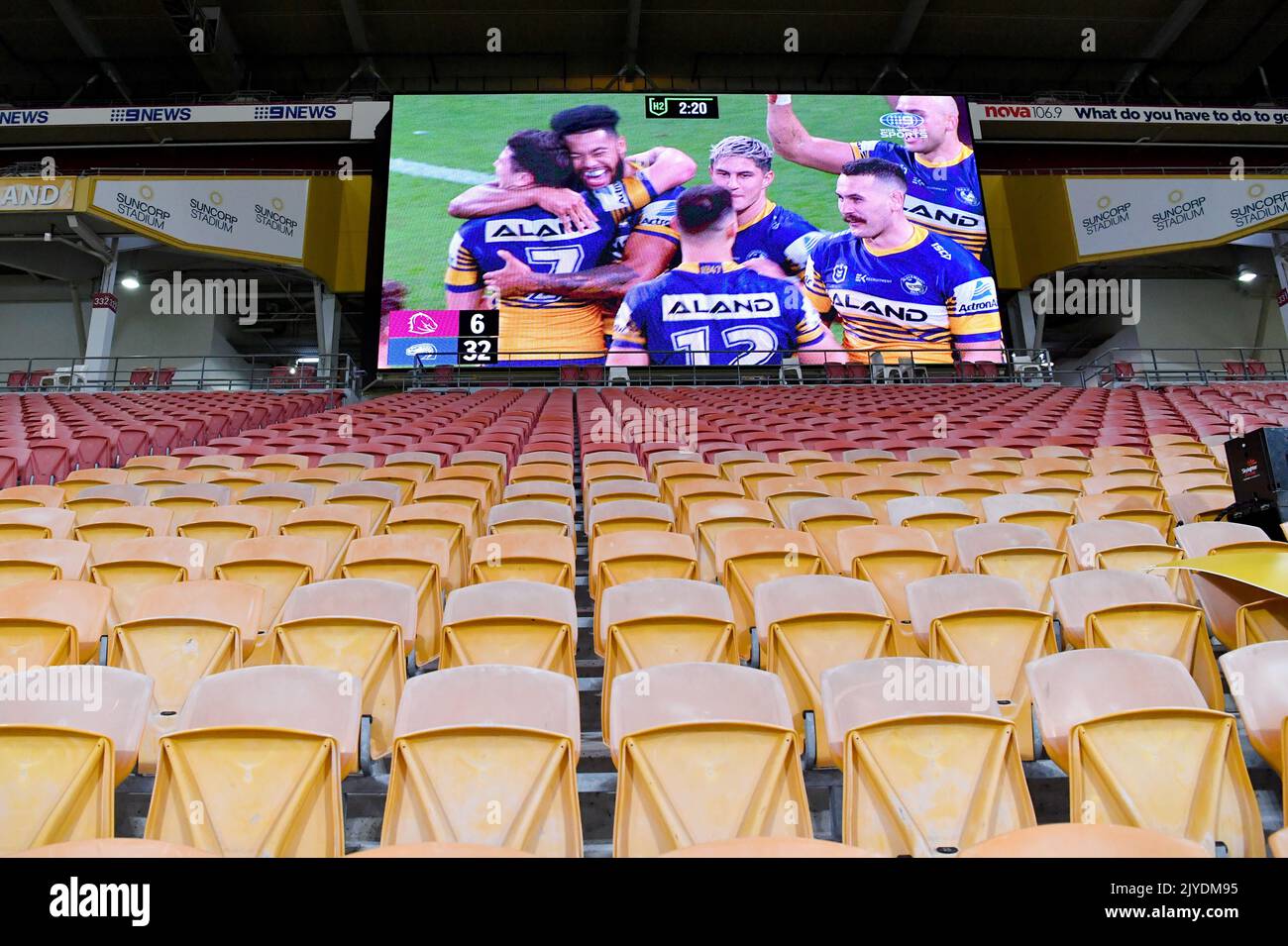 Waqa Blake of the Eels is seen on the big screen celebrating scoring a ...