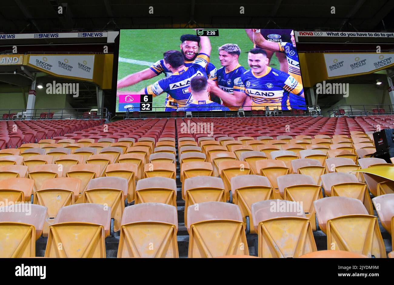 Waqa Blake of the Eels is seen on the big screen celebrating scoring a ...