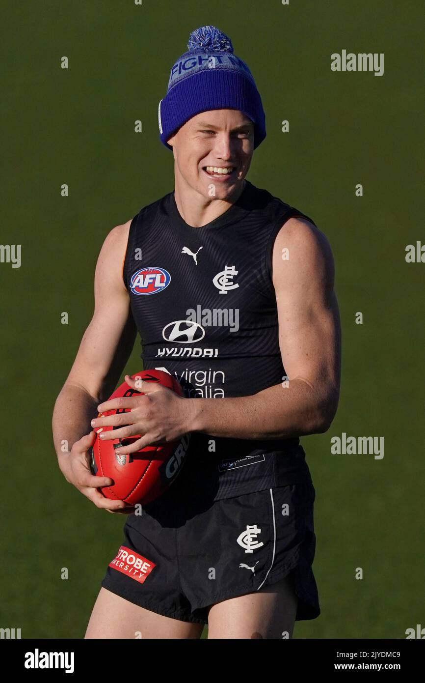 Sam Walsh of the Blues reacts during and AFL Carlton Blues training ...