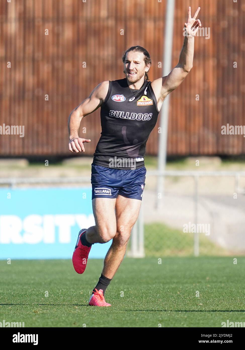 Marcus Bontempelli asks for the ball during an AFL Bulldogs training ...
