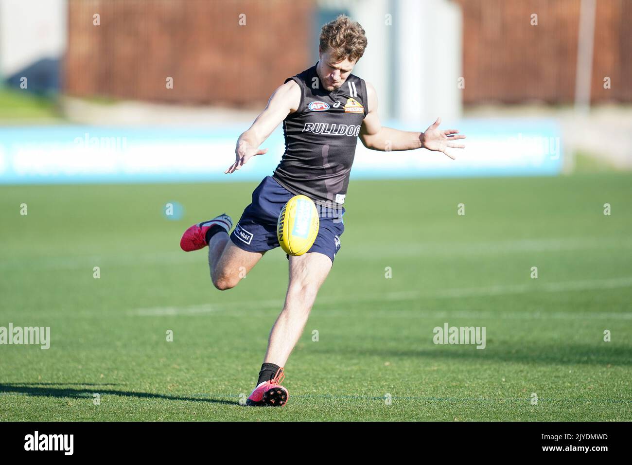 Jack Macrae kicks the ball during an AFL Bulldogs training session at ...
