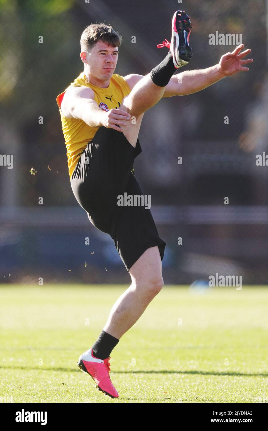 Jack Higgins of the Tigers kicks the ball during a Richmond Tigers AFL ...