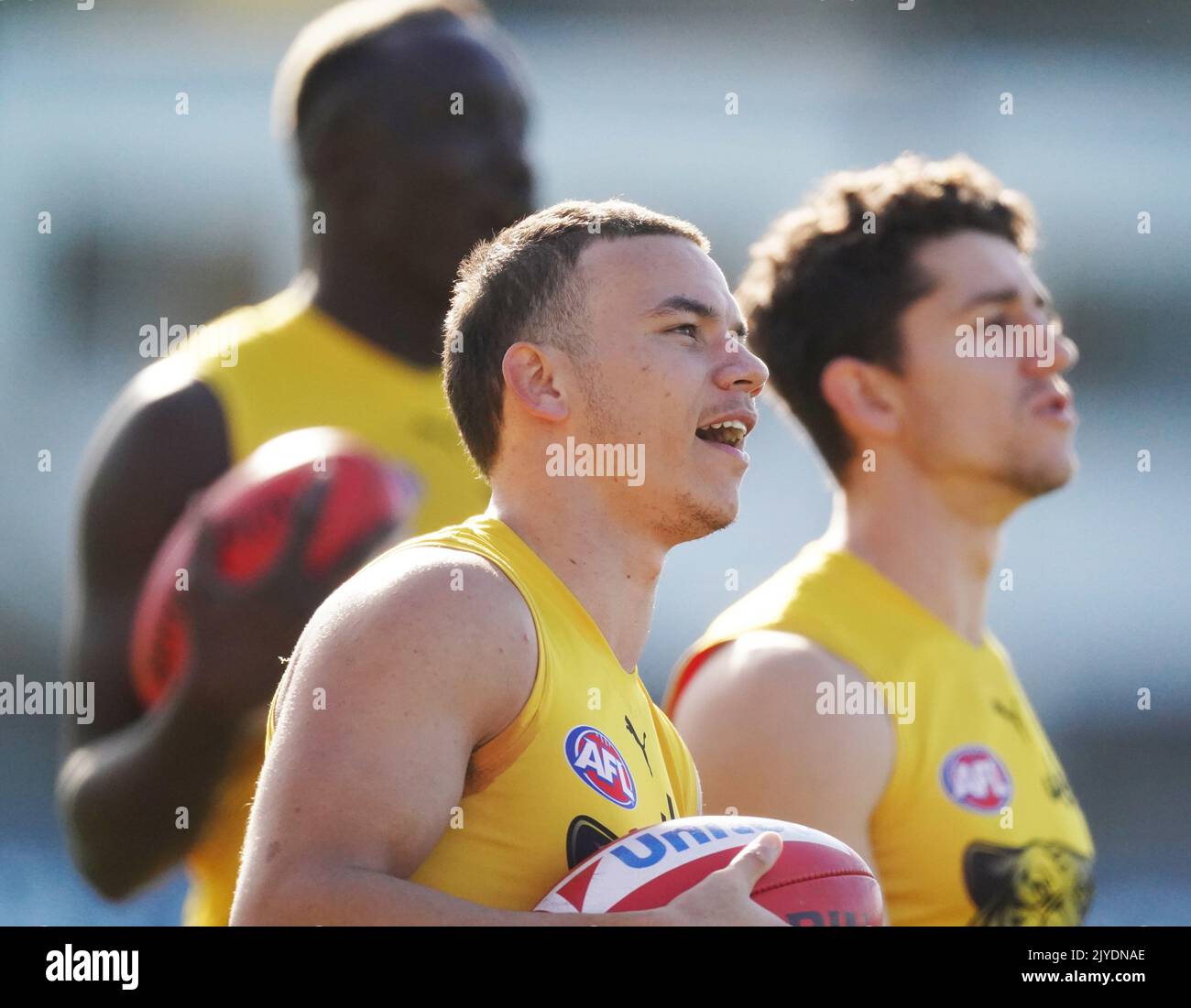 Daniel Rioli of the Tigers reacts during a Richmond Tigers AFL training ...