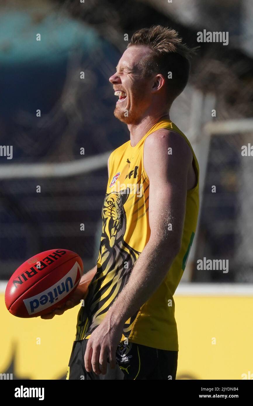 Jack Riewoldt of the Tigers reacts during a Richmond Tigers AFL ...