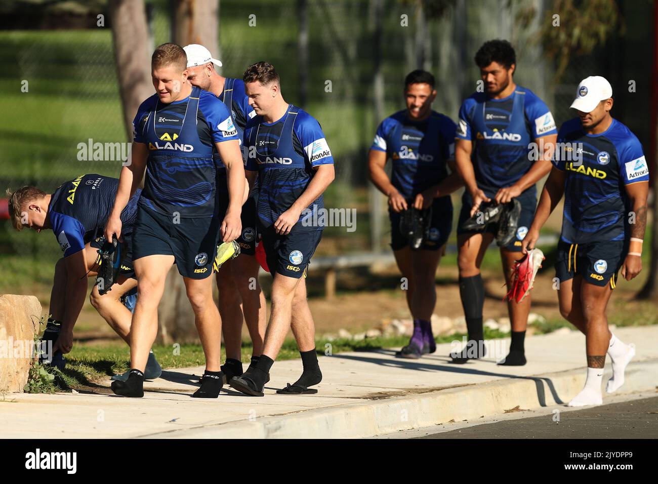 Eels players walk to training during a Parramatta Eels training session ...