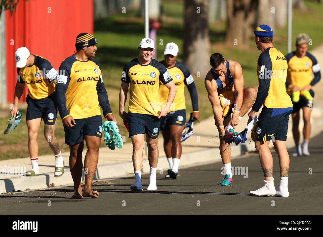 Eels players walk to training during a Parramatta Eels training session ...