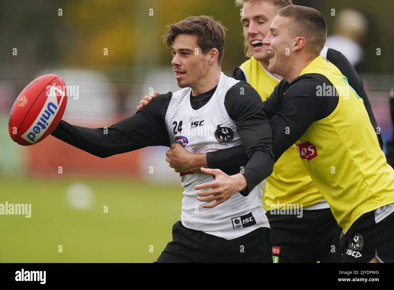 Brayden Sier of Collingwood tackles Josh Thomas of the Magpies during a ...
