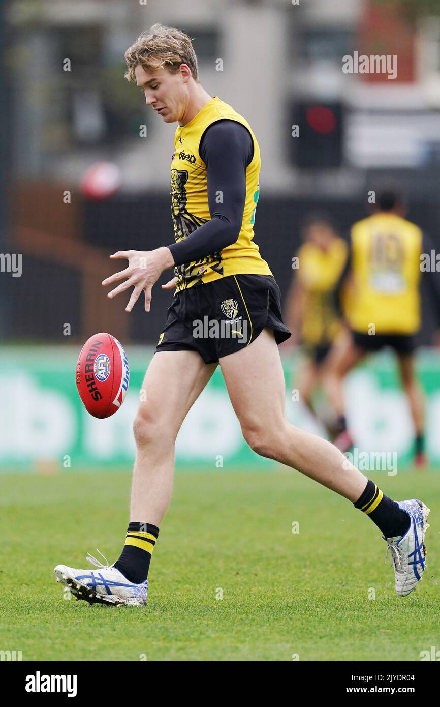 Tom Lynch of the Tigers kicks the ball during a Richmond Tigers AFL ...