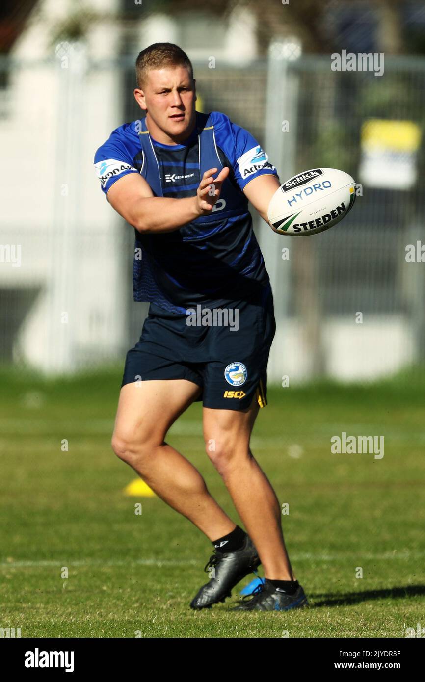 Daniel Alvaro of the Eels handles the ball during a Parramatta Eels ...