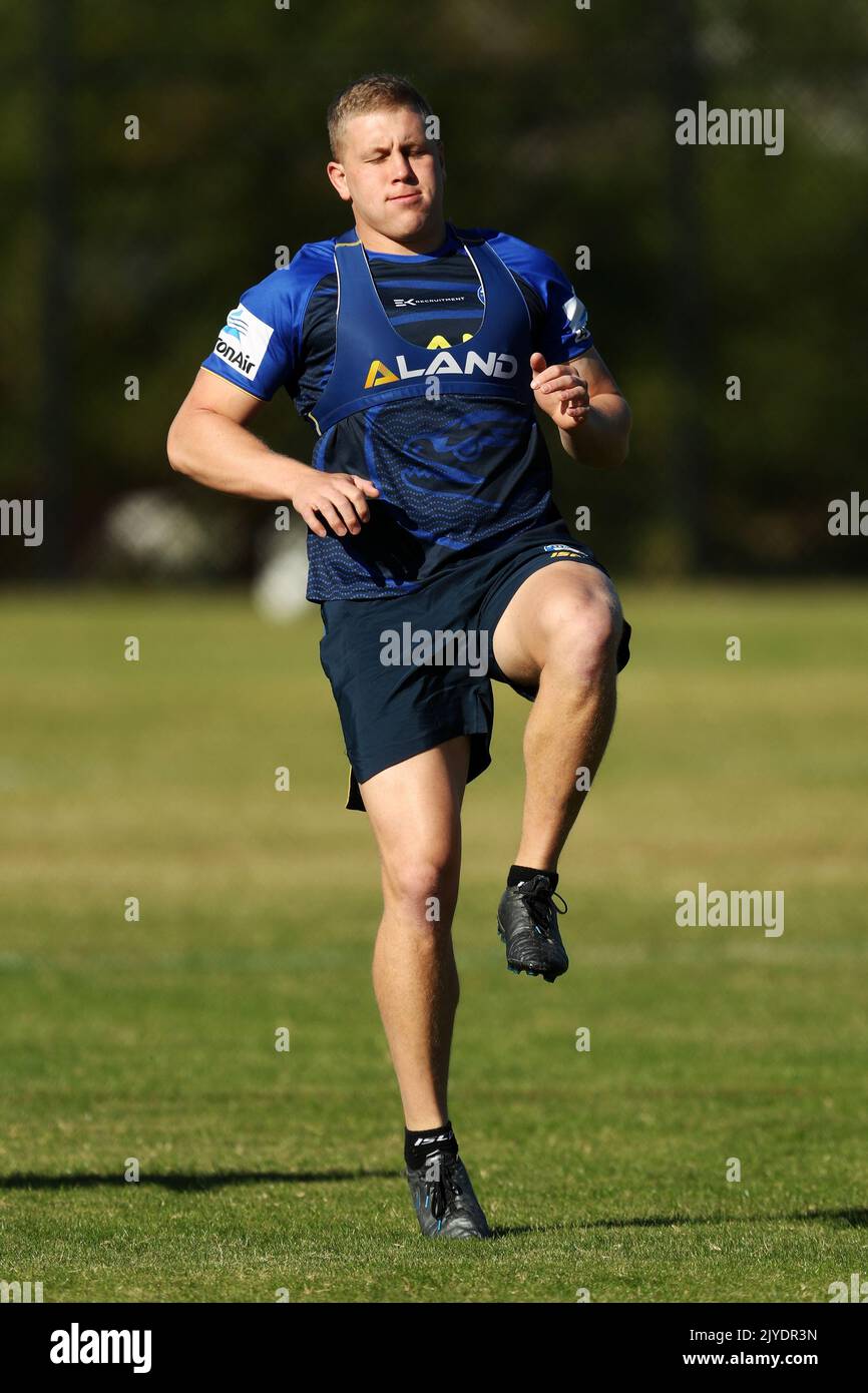 Daniel Alvaro of the Eels stretches during a Parramatta Eels training ...