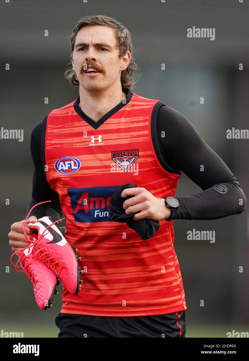 Joe Daniher of the Bombers arrives during an Essendon Bombers AFL ...