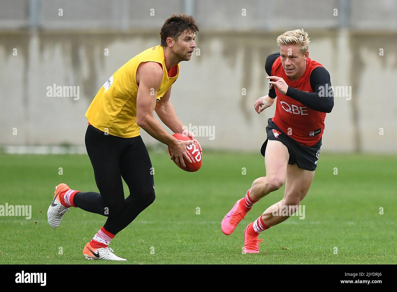Dane Rampe (left) and Isaac Heeney during a Sydney Swans AFL training ...