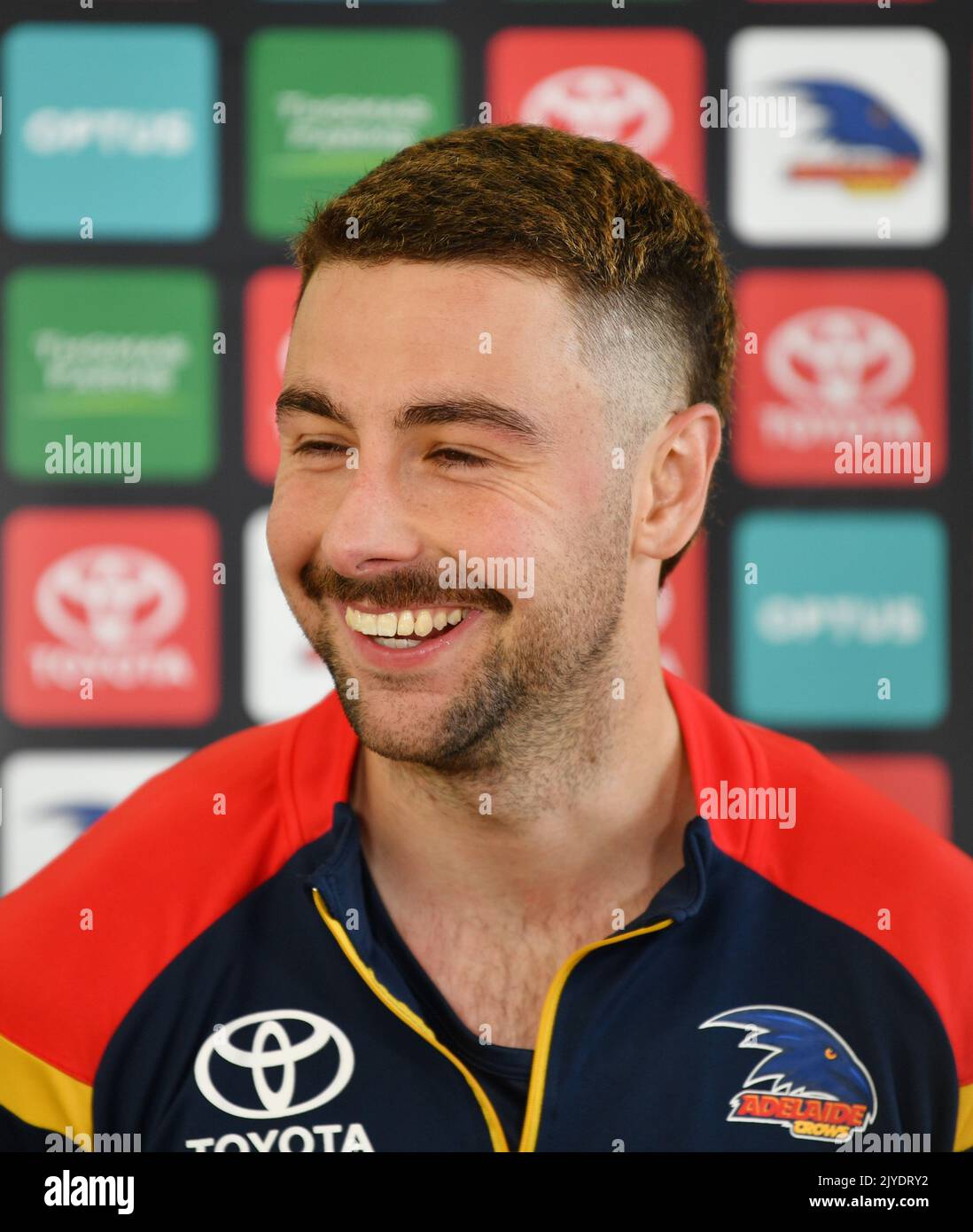 Rory Atkins of the Crows speaks during the press conference at Crows ...