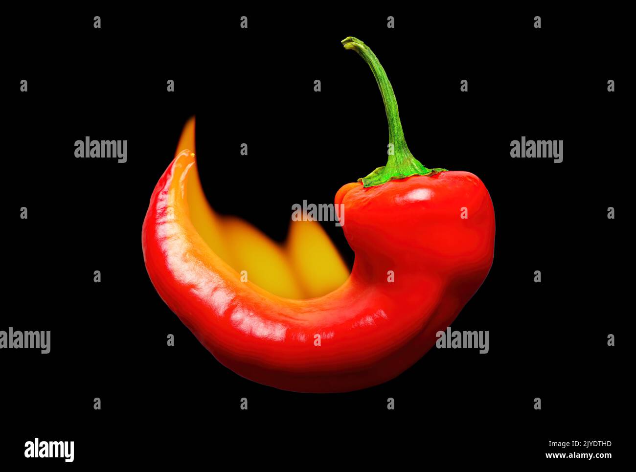 Crooked Red Chilli Pepper On Fire Isolated On Black Background Stock