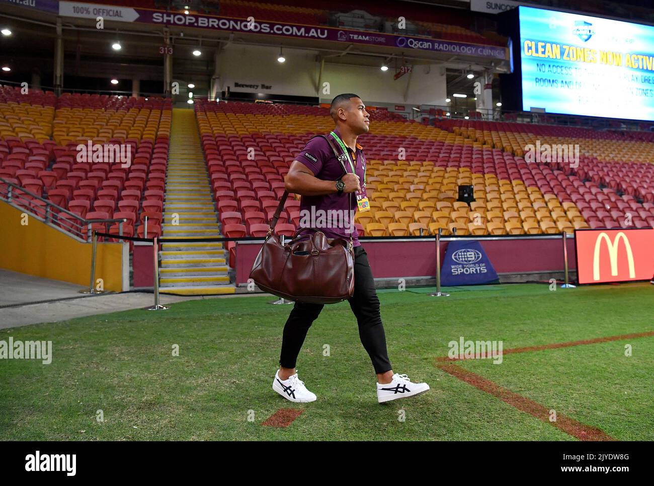 Bronco player Jamayne Isaako is seen on arrival prior to the Round 4 ...
