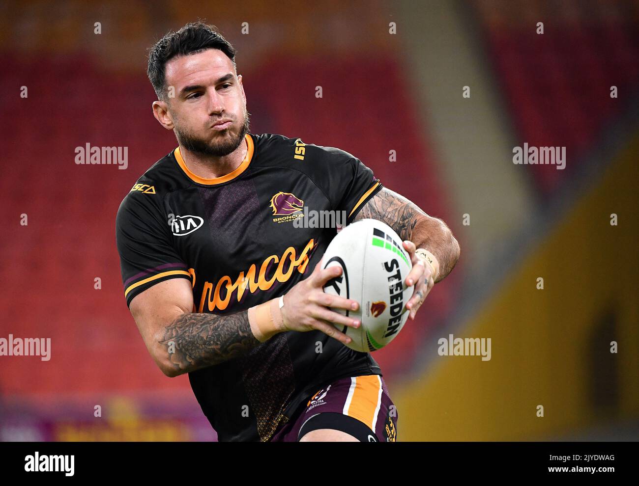 Broncos player Darius Boyd is seen during a warm-up prior to the Round ...