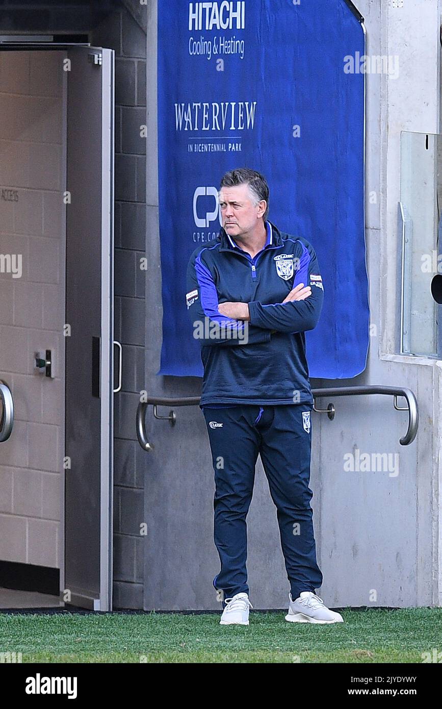 Bulldogs coach Dean Pay looks on during the warm-up ahead of the Round ...