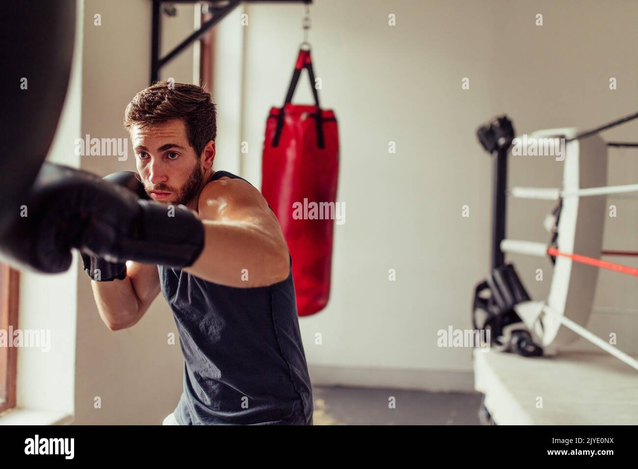 Young boxer striking a punching bag with gloved fists. Determined young ...