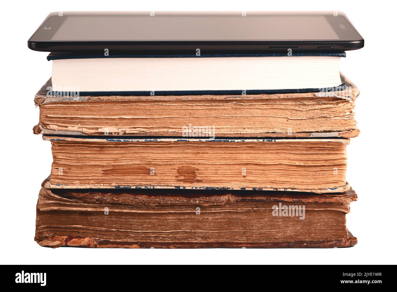 Stack of old and new books, digital tablet isolated on white. New ...