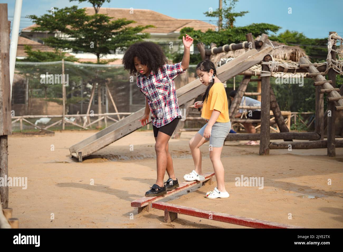 Two girl kid walks on a log, keeping her balance, walking on the ...