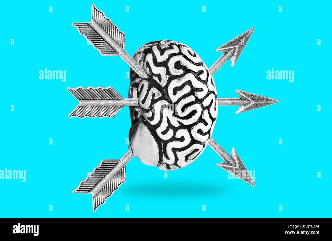 Group of feathered bow arrows passed through a metal copy of a human ...