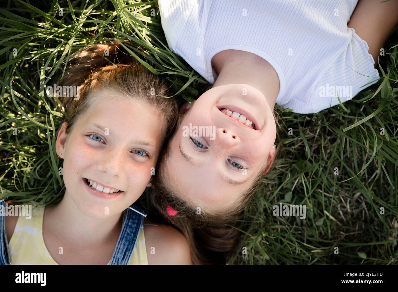 two pretty young girls sisters friends have fun outside in a meadow in summer and are happy ...