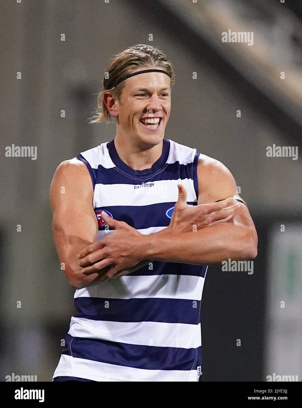 Rhys Stanley of the Cats celebrates after kicking a goal during the ...