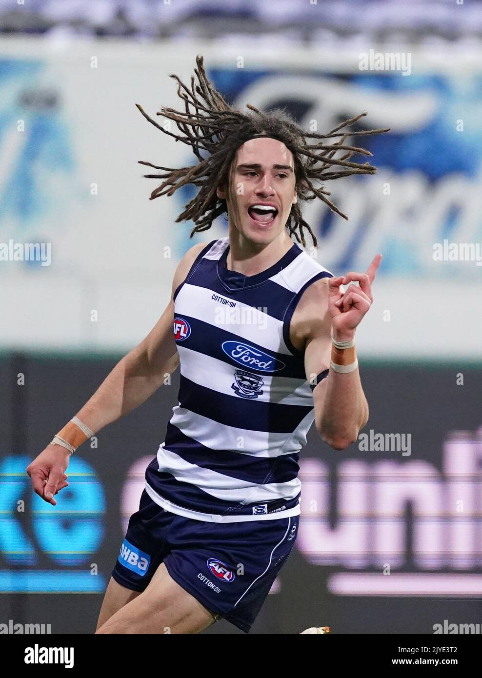 Gryan Miers of the Cats celebrates after kicking a goal during the ...