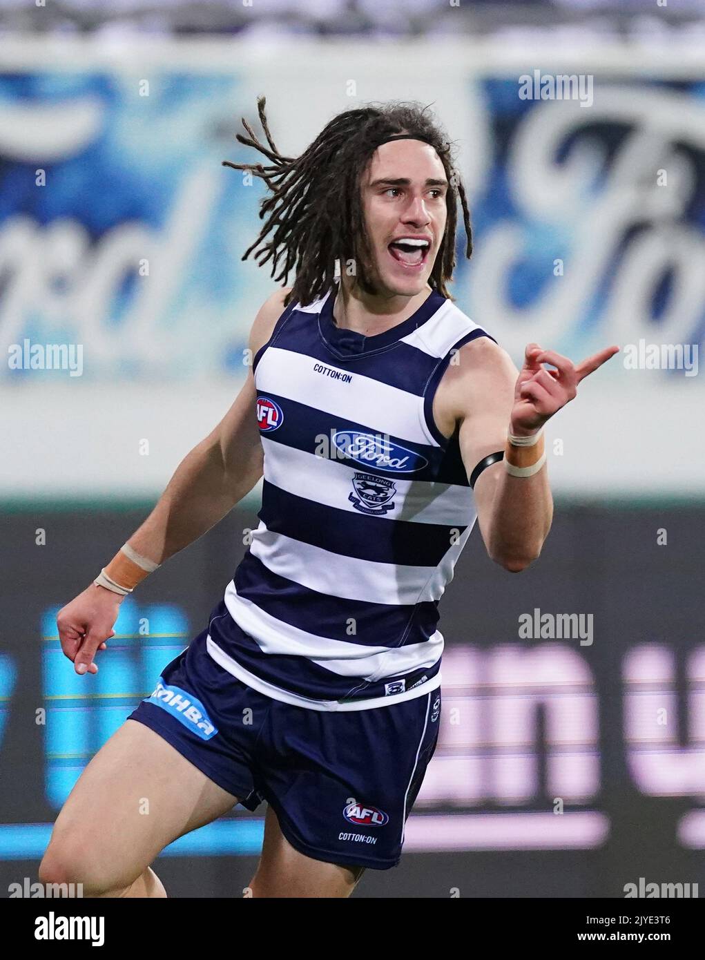 Gryan Miers of the Cats celebrates after kicking a goal during the ...