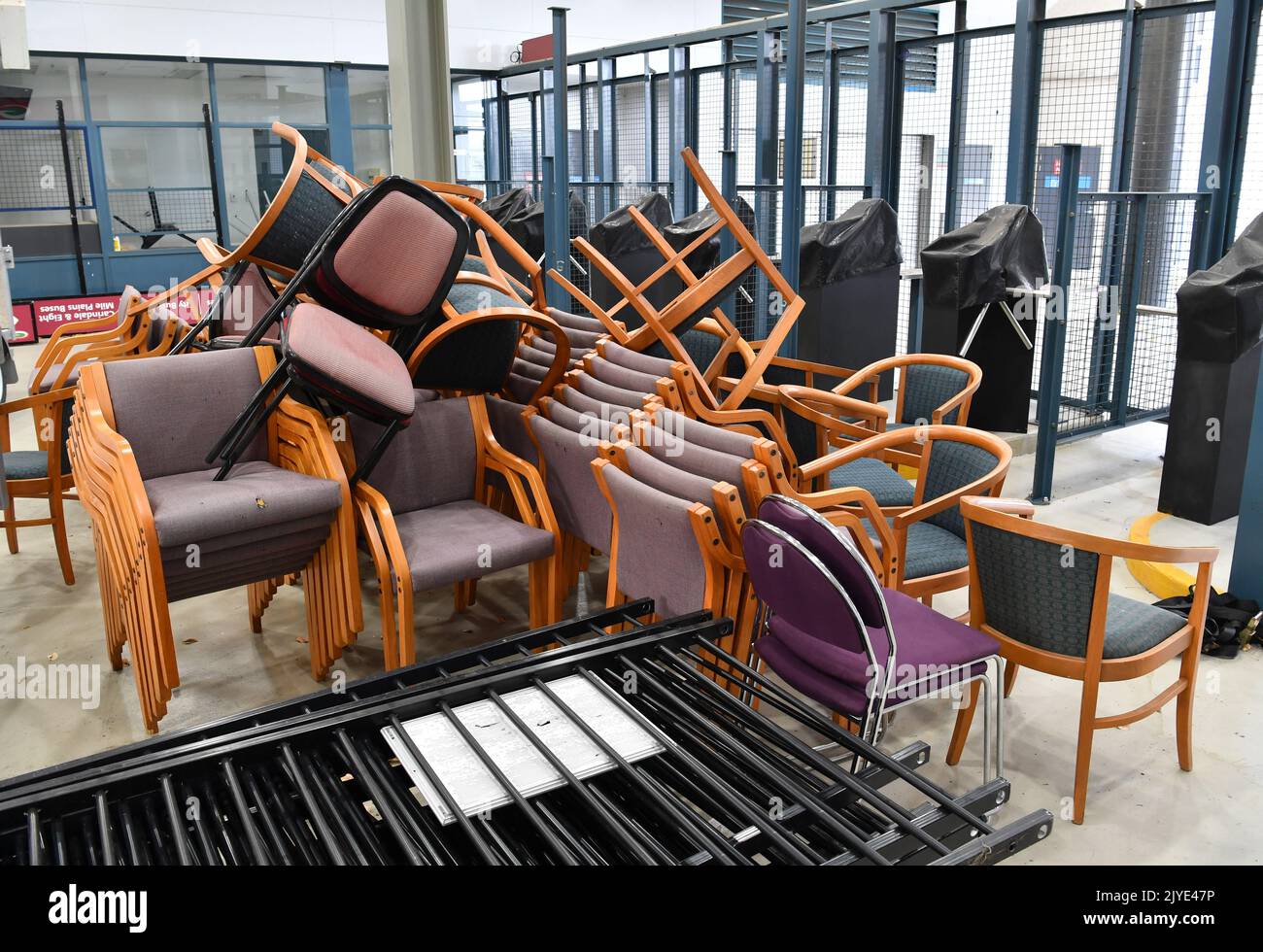 Chairs are seen stacked up in front of the turnstiles during the Round ...