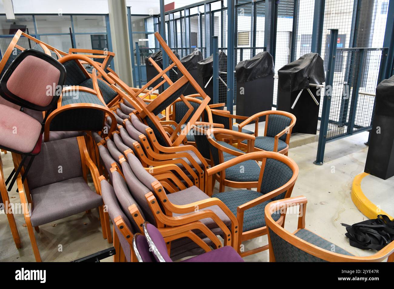 Chairs are seen stacked up in front of the turnstiles during the Round ...