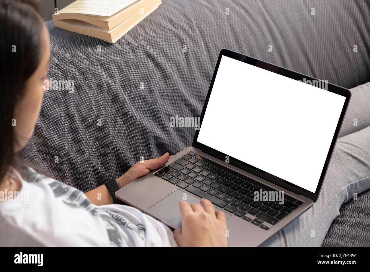 Modern laptop, woman holding using modern laptop. White blank computer ...