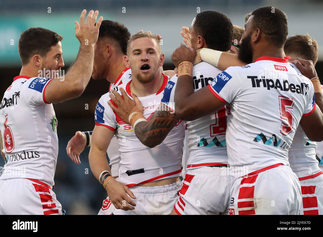 Matthew Duffy of the Dragons celebrates his try during the Round 5 NRL ...