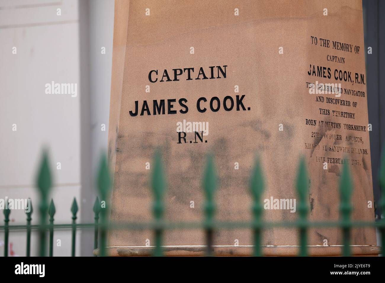 Graffiti is seen on a Captain Cook statue at Randwick in Sydney, Monday ...