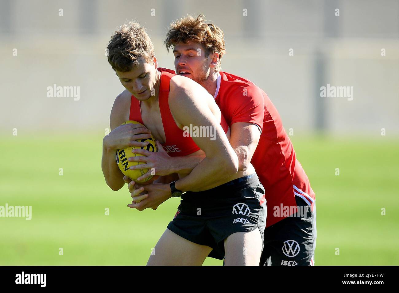 Jordan Dawson (left) and Dane Rampe take part in an AFL Sydney Swans ...