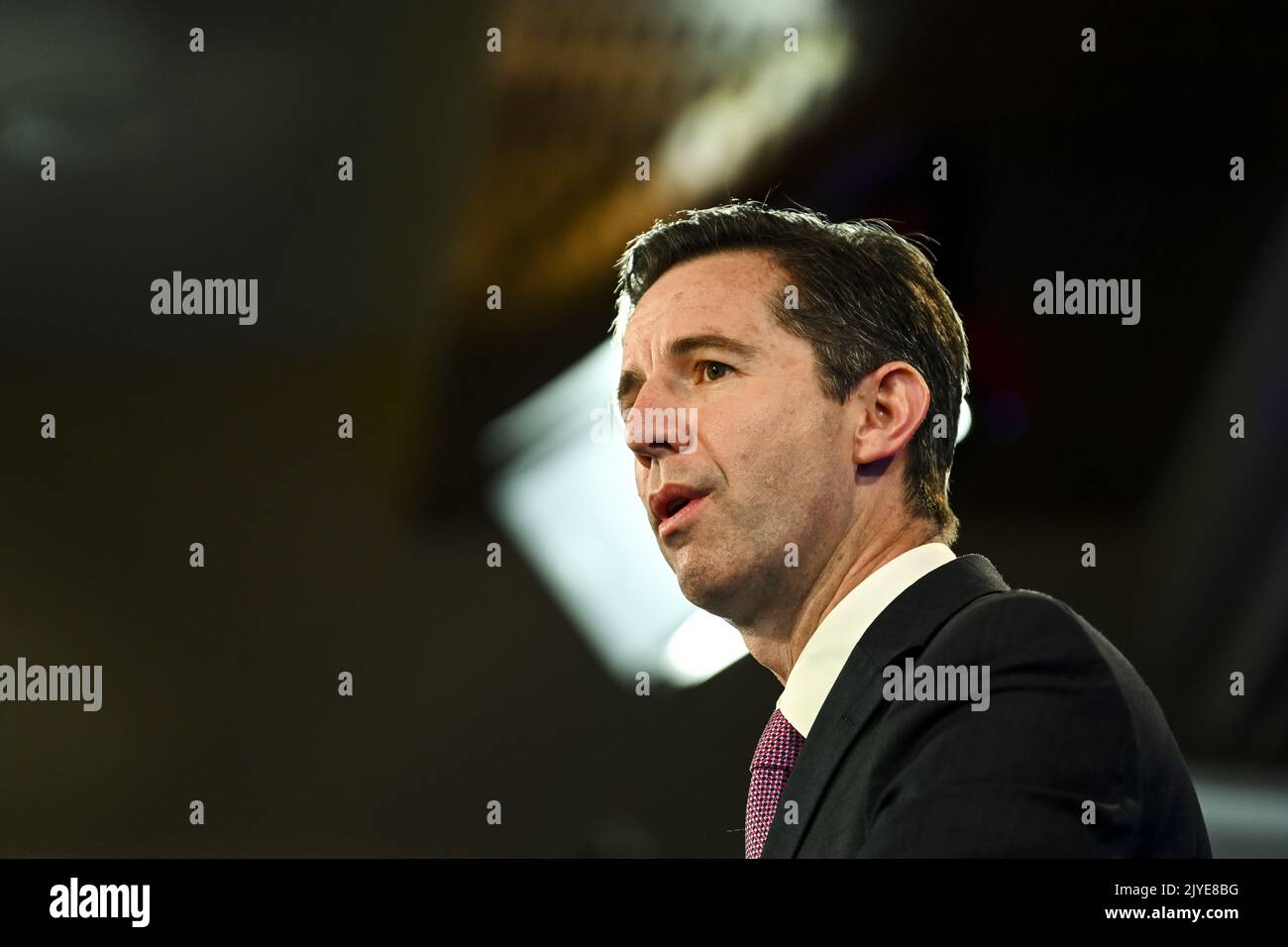 Australian Trade Minister Simon Birmingham delivers his speech at the ...