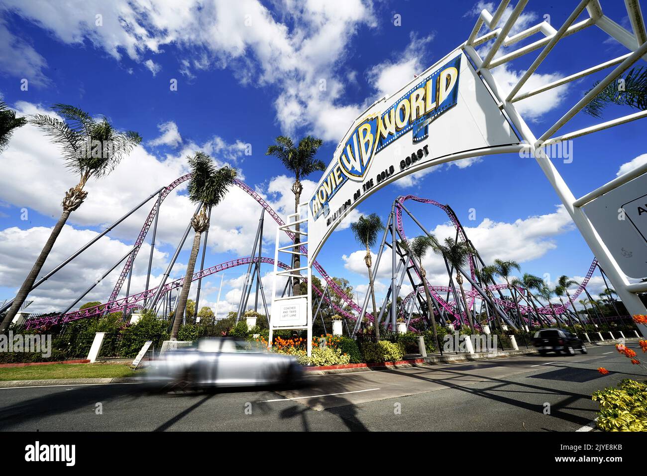 General view of the entrance to Warner Brothers Movie World theme park ...