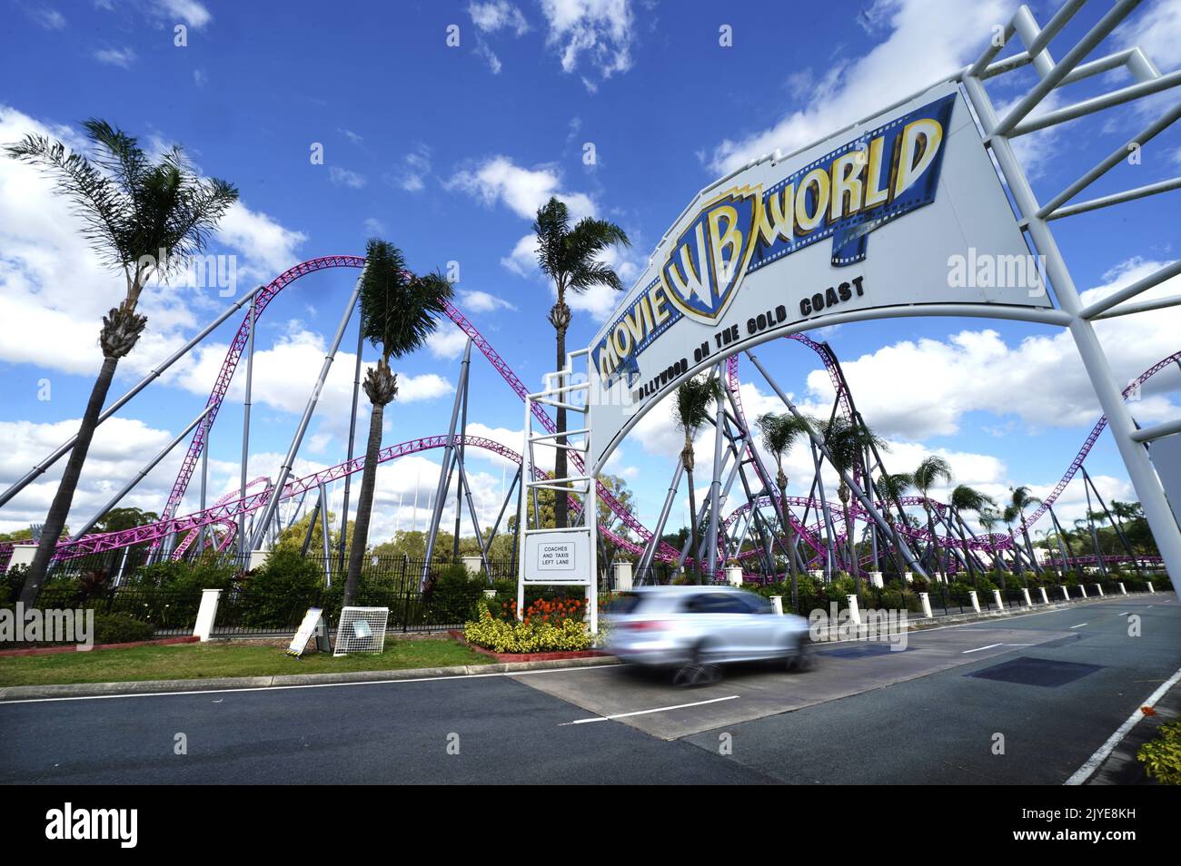 General view of the entrance to Warner Brothers Movie World theme park ...