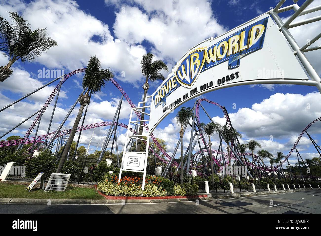 General view of the entrance to Warner Brothers Movie World theme park ...