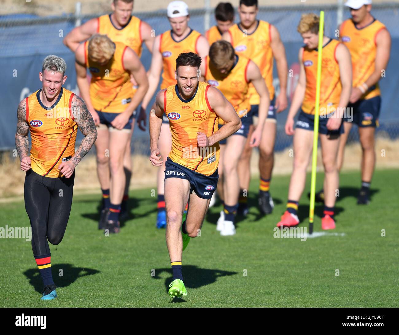 Ben Crocker of the Crows (left) during an Adelaide Crows AFL training ...