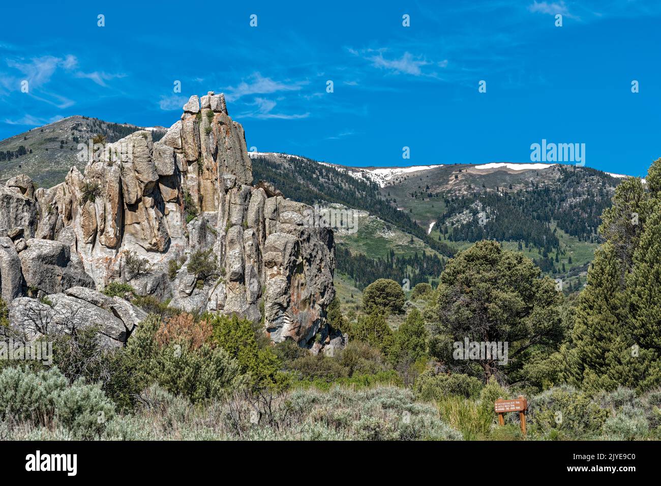 Trail signs below the rock formations at Castle Rocks State Park, Idaho ...