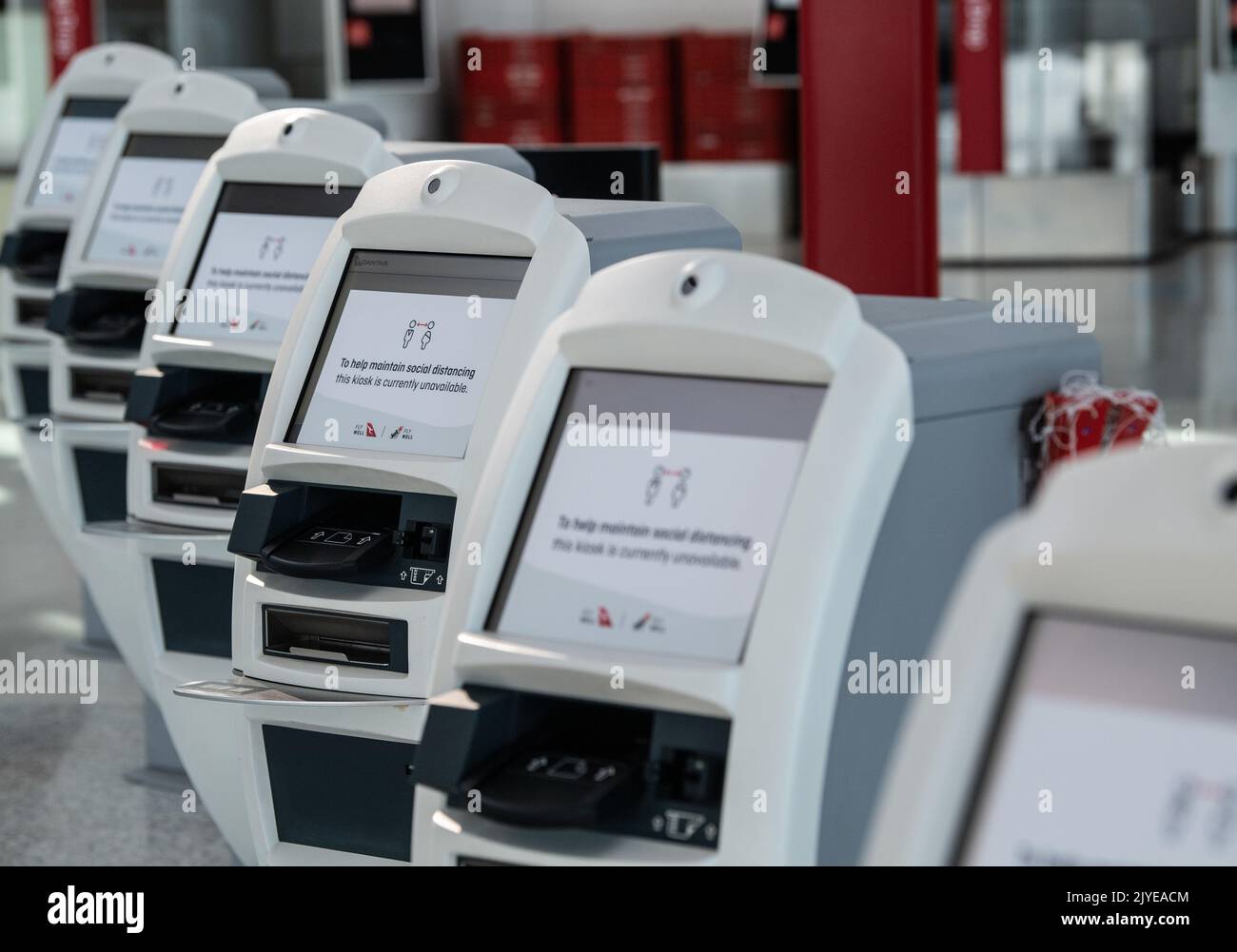 Closed Qantas self check-in counters at Sydney Airport, Sydney, Friday ...